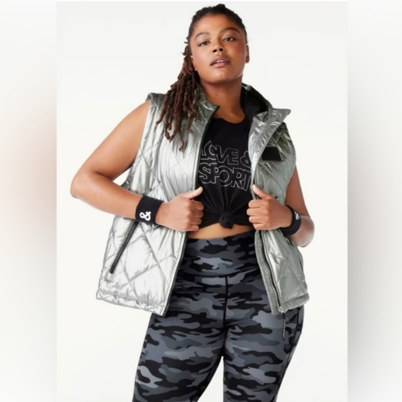 Jackets & Coats | Nwt Love Sports Metallic Silver Puffer Vest Whood ...